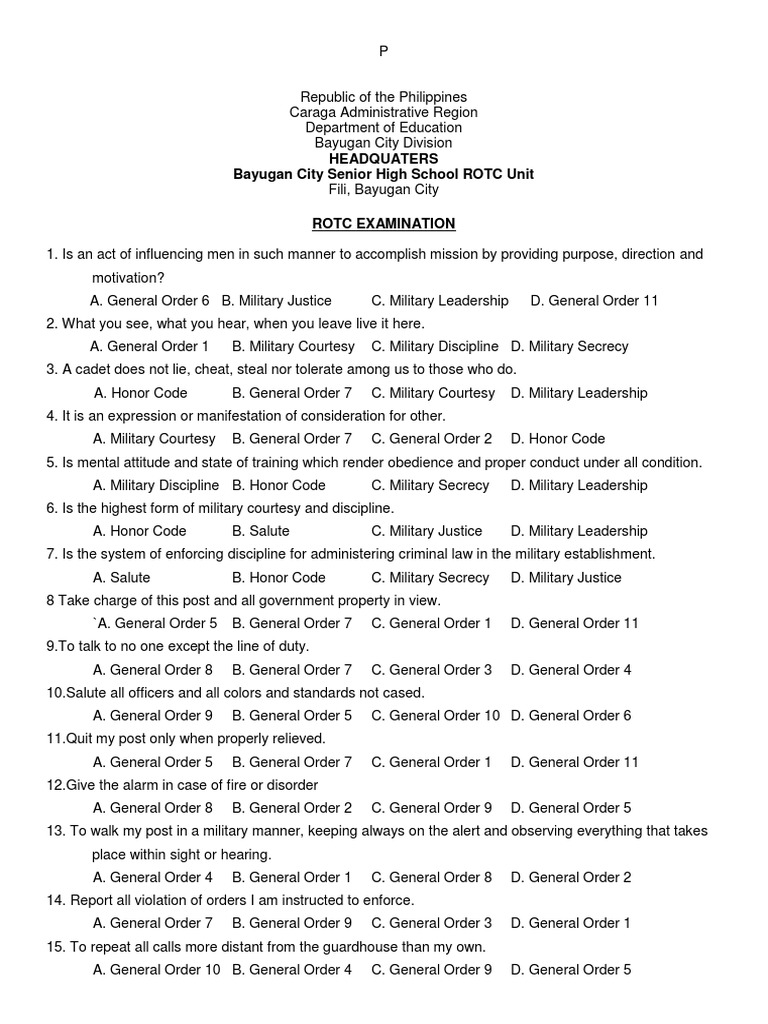 ROTC Examination and Answer Key | PDF | Officer (Armed Forces ...