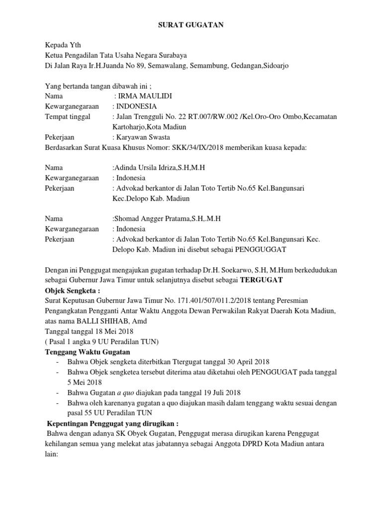 Surat Gugatan PTUN SM 3 | PDF