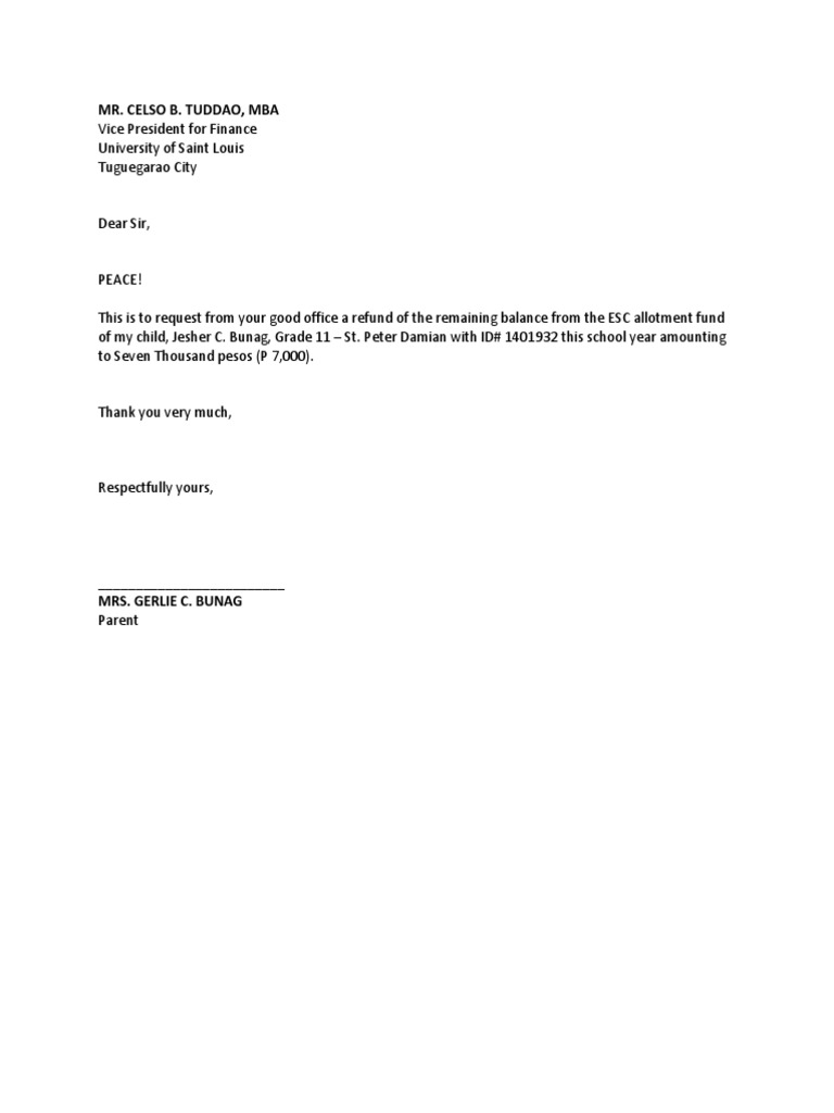 Request for Refund of Remaining Balance from ESC Allotment Fund for ...