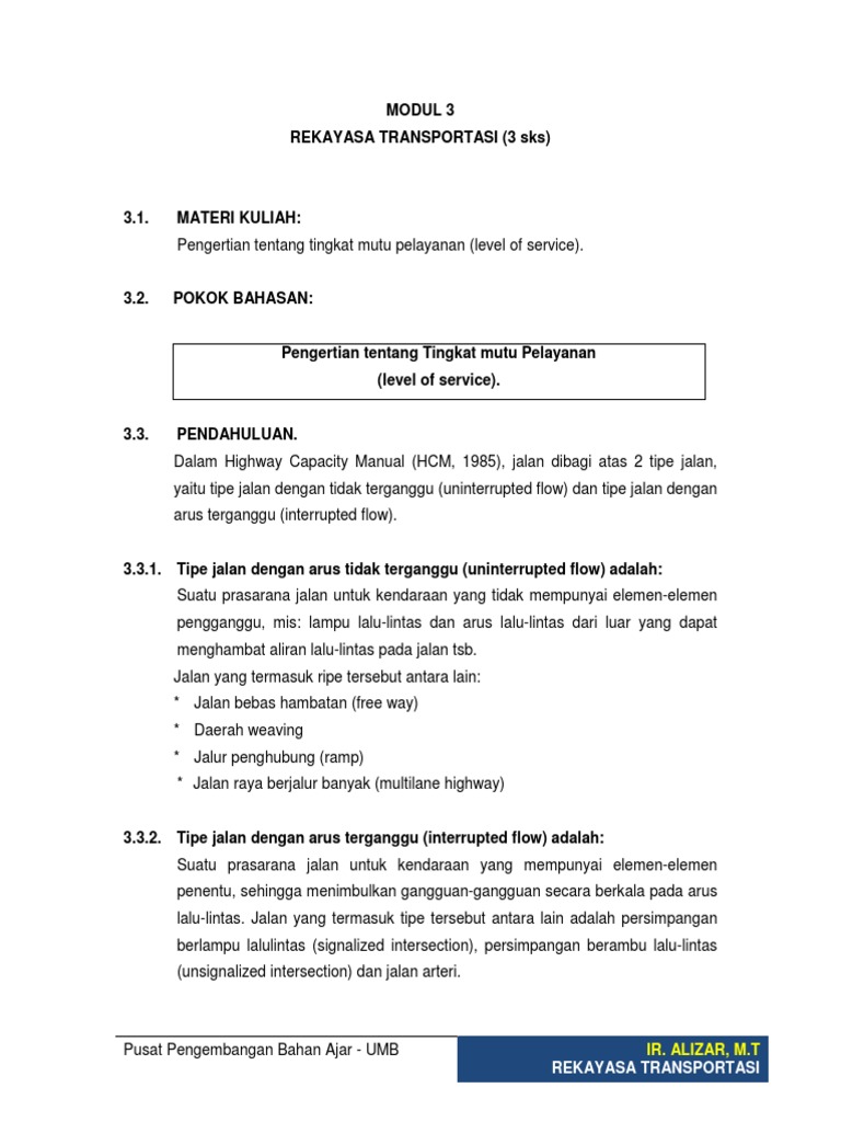Alizar - Modul 3 Rekayasa Transportasi Pengertian TTG Tingkat Mutu Pelayanan Los | PDF