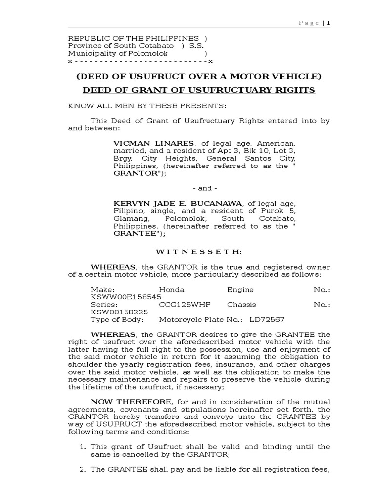 Usufruct Agreement for Motorcycle | PDF | Deed | Covenant (Law)