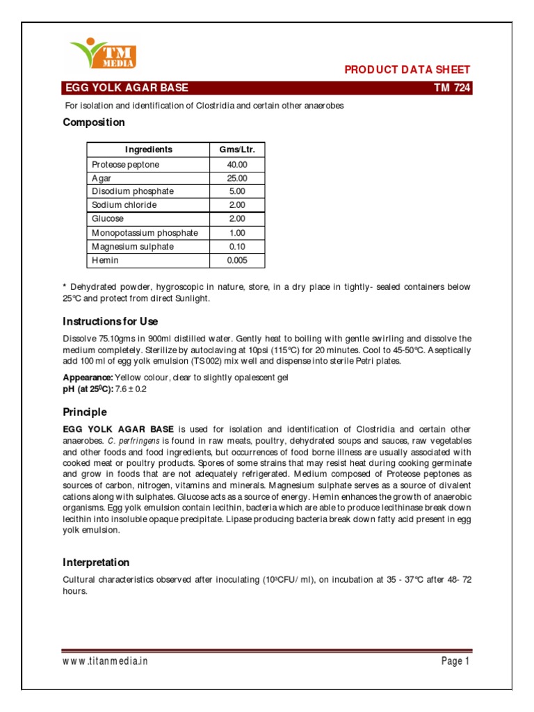 Egg Yolk Agar Base For Isolation and Identification of Clostridia and ...