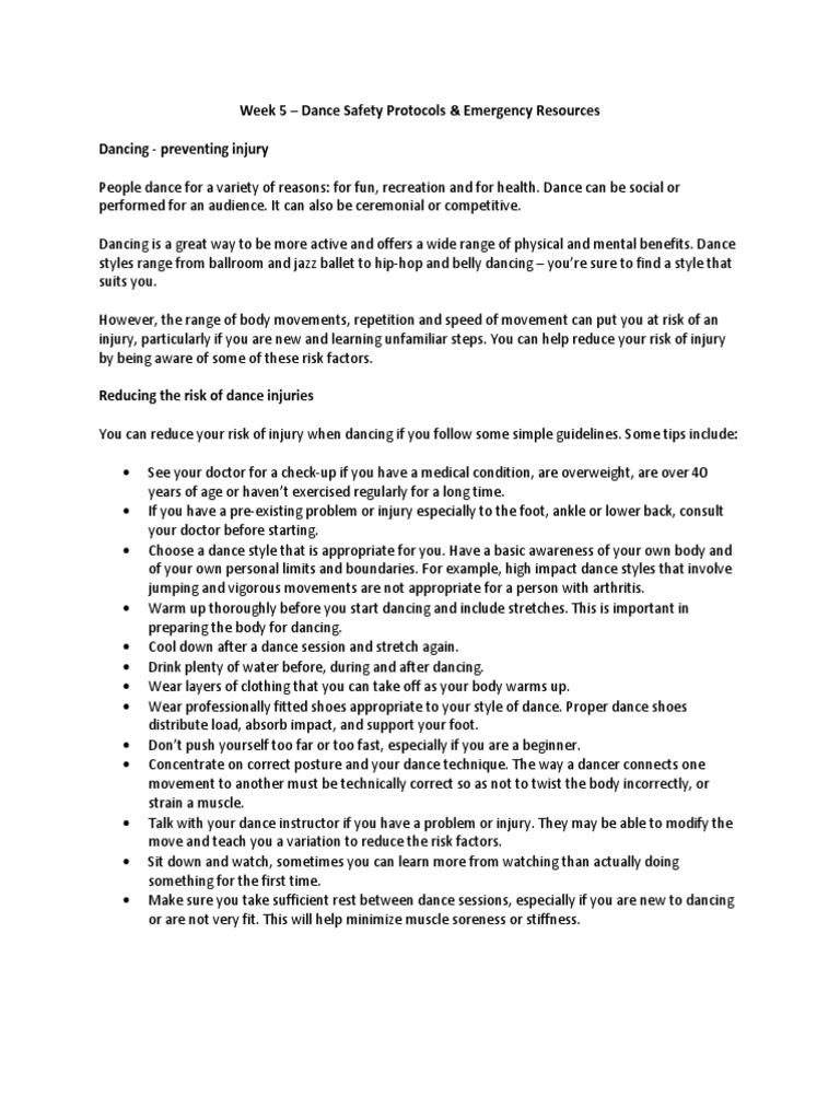 Week 5 - Dance Safety Protocols & Emergency Resources Dancing ...