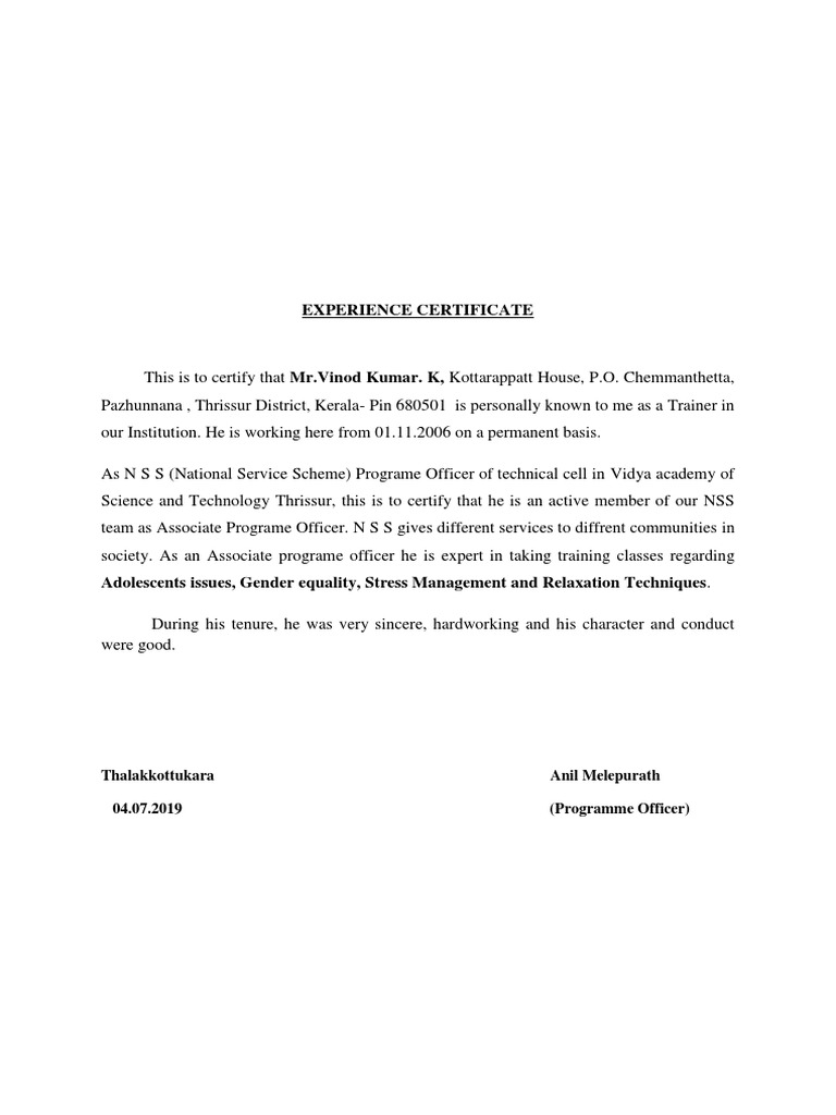 Experience Certificate