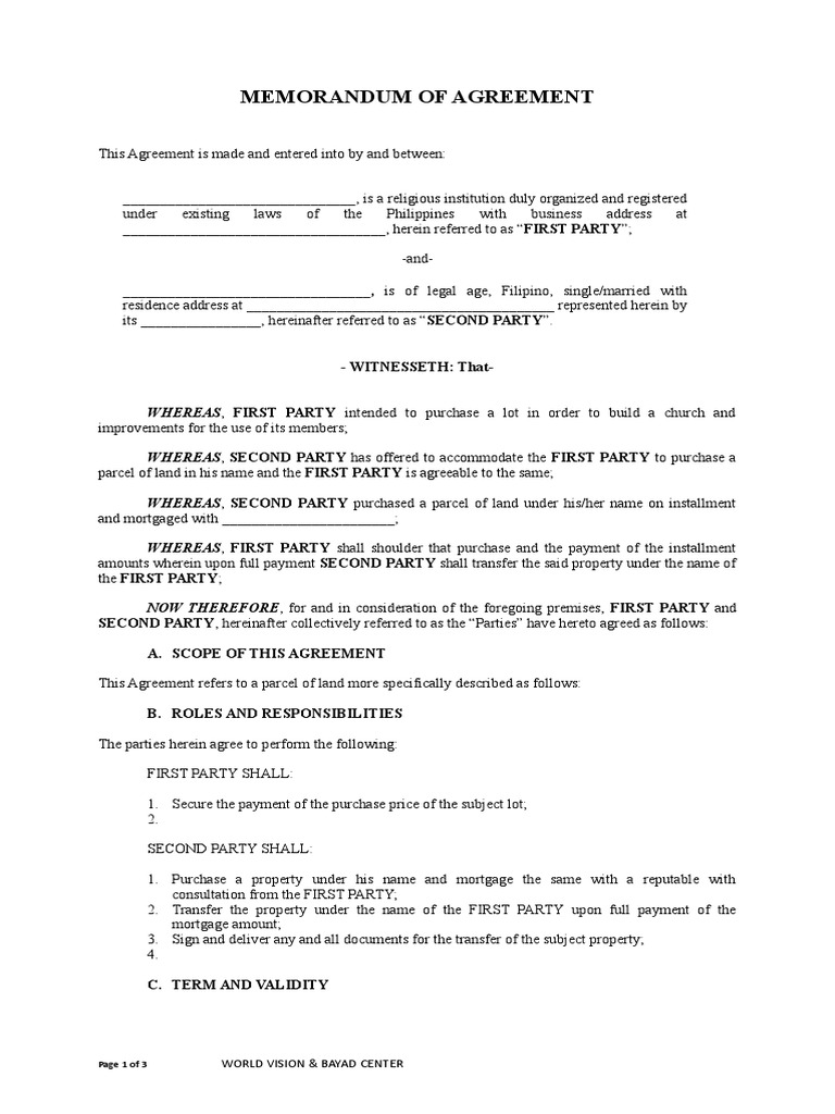Memorandum of Agreement: World Vision & Bayad Center | PDF | Notary ...