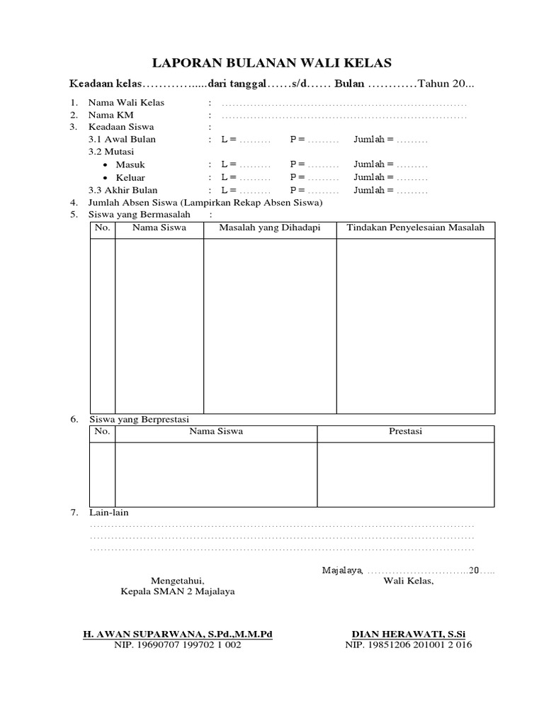 Laporan Bulanan Wali Kelas | PDF