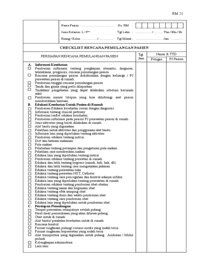 Checklist Rencana Kepulangan Pasien | PDF | Pengembangan Diri ...