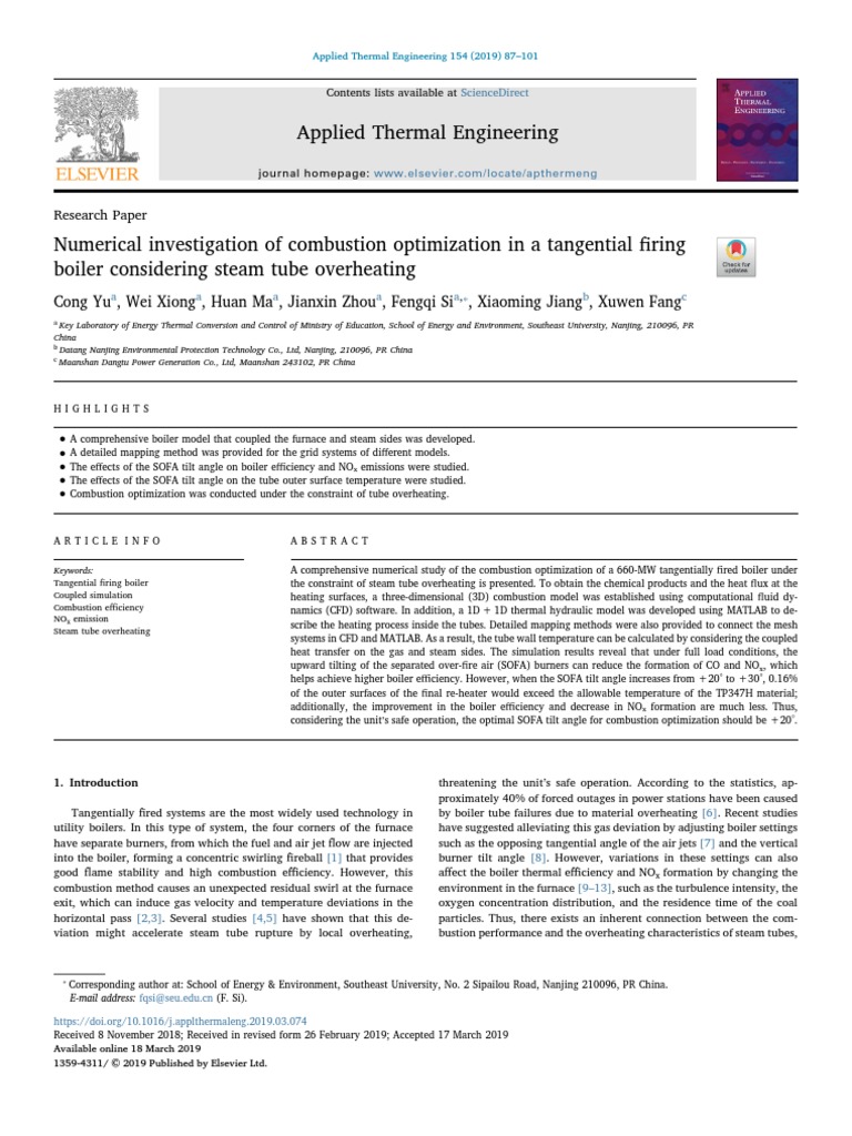 Numerical Investigation of Combustion Optimization in A Tangential ...