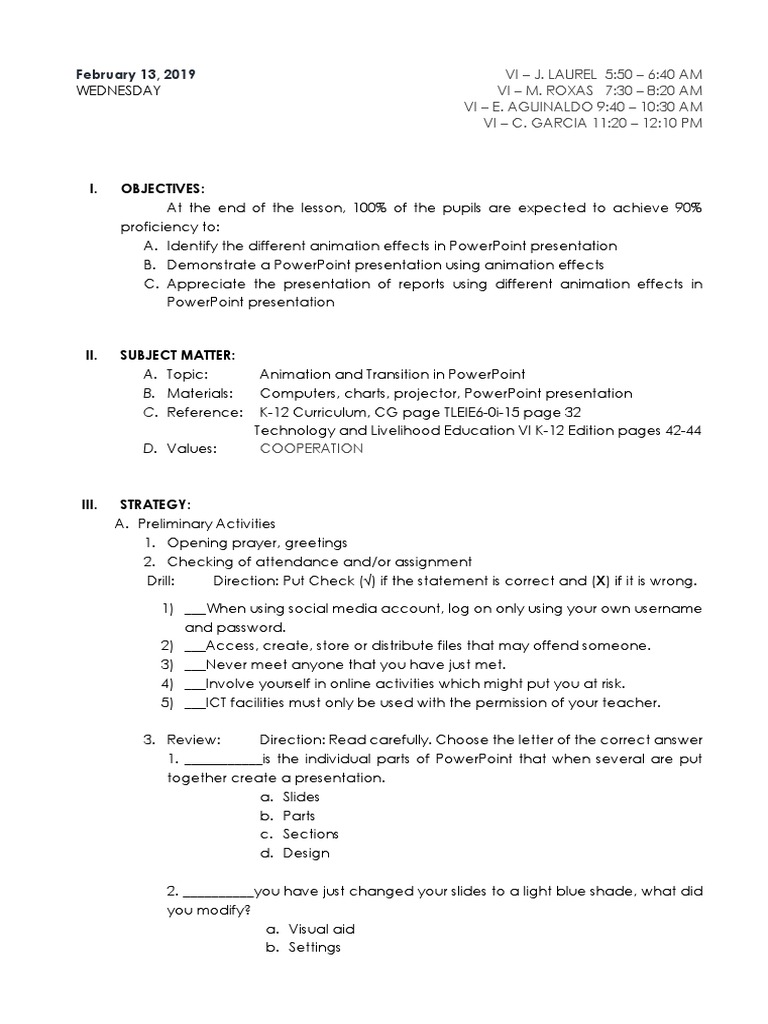 Lesson Plan Animation and Transition | PDF | Microsoft Power Point ...