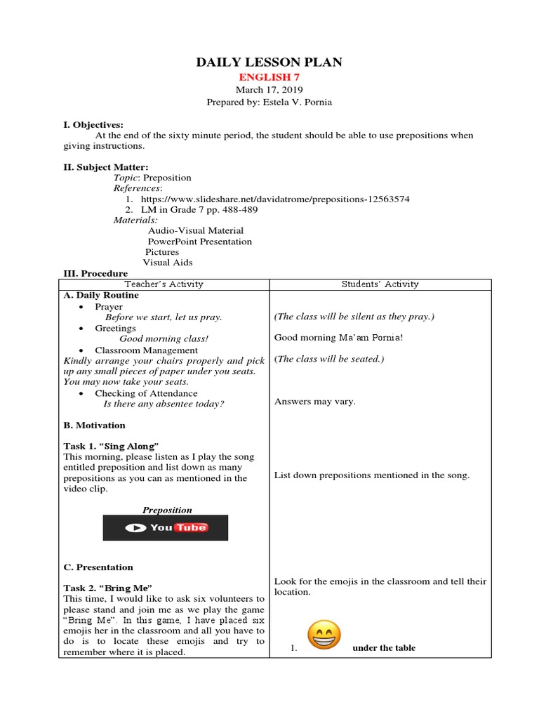 DLP Preposition English 7 | PDF | Classroom | Cognition