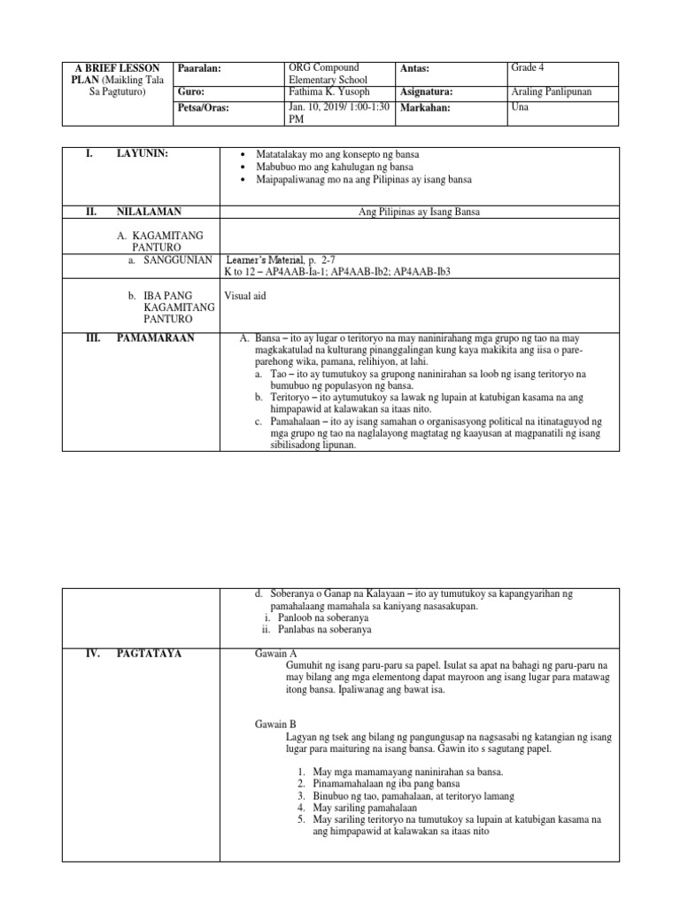 A Brief Lesson Plan Elementary | PDF