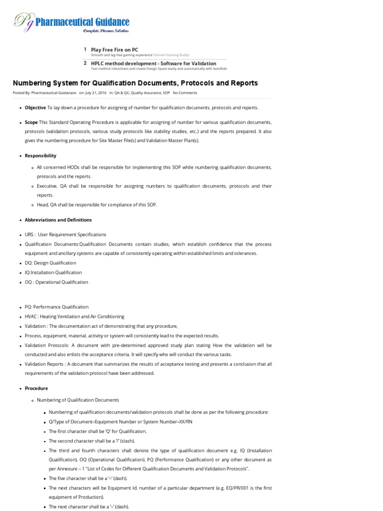 Numbering System For Qualification Documents, Protocols and Reports ...