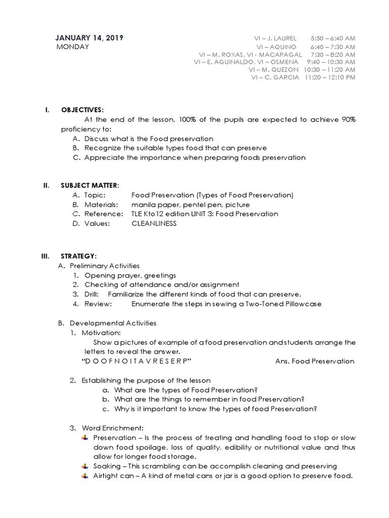 Grade 6 Food Preservation Lesson Plan | PDF | Food Preservation | Pickling