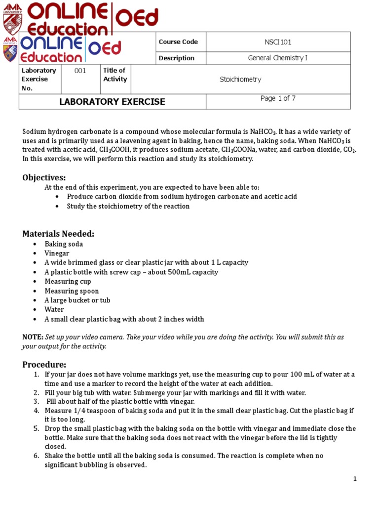 Laboratory Exercise: NSCI101 General Chemistry I 001 Stoichiometry Page ...