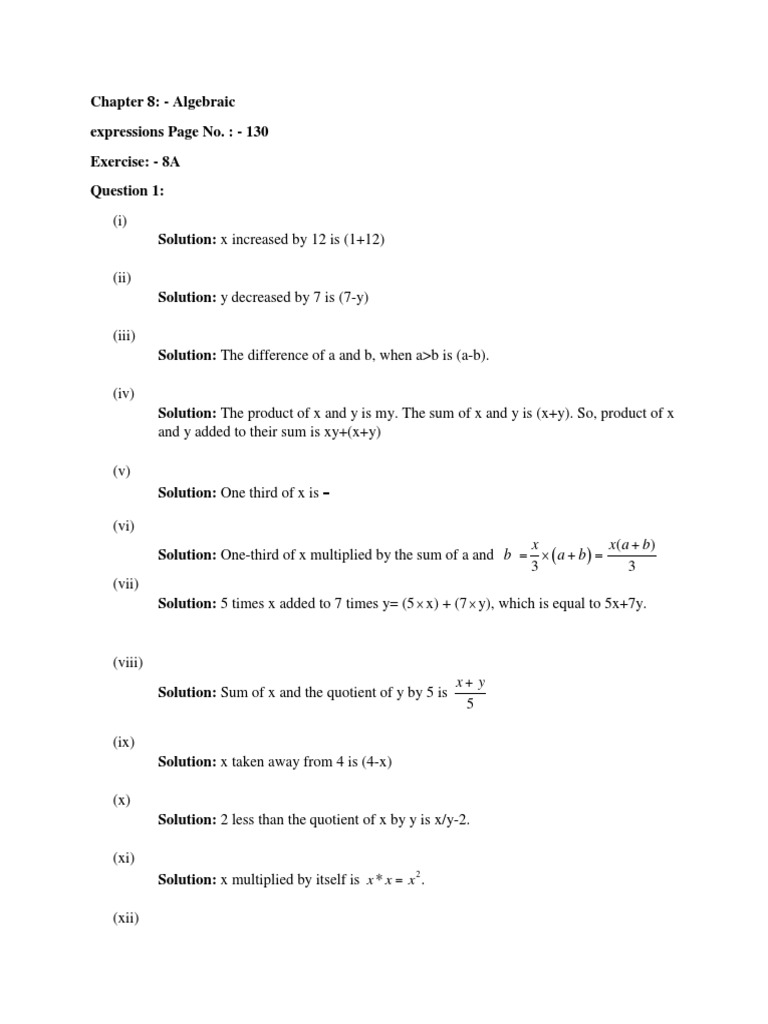 Class 8 Algebraic Expressions Solutions | PDF | Algebra | Teaching ...