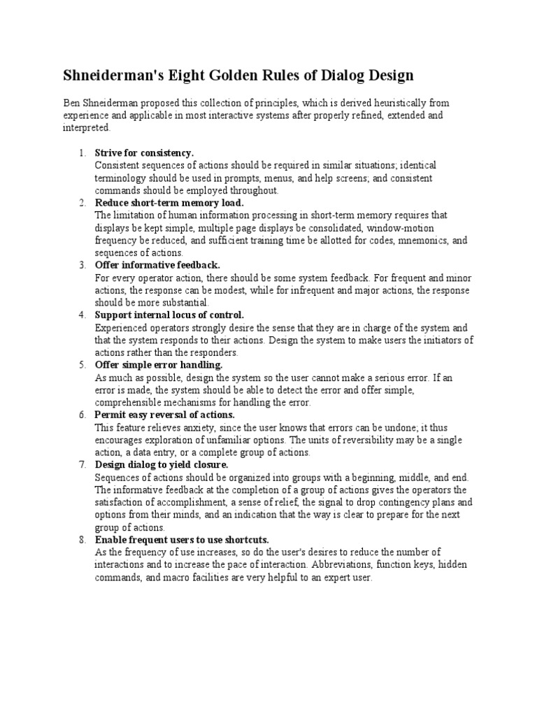 Shneiderman's Eight Golden Rules of Dialog Design | PDF | User Interface | Usability