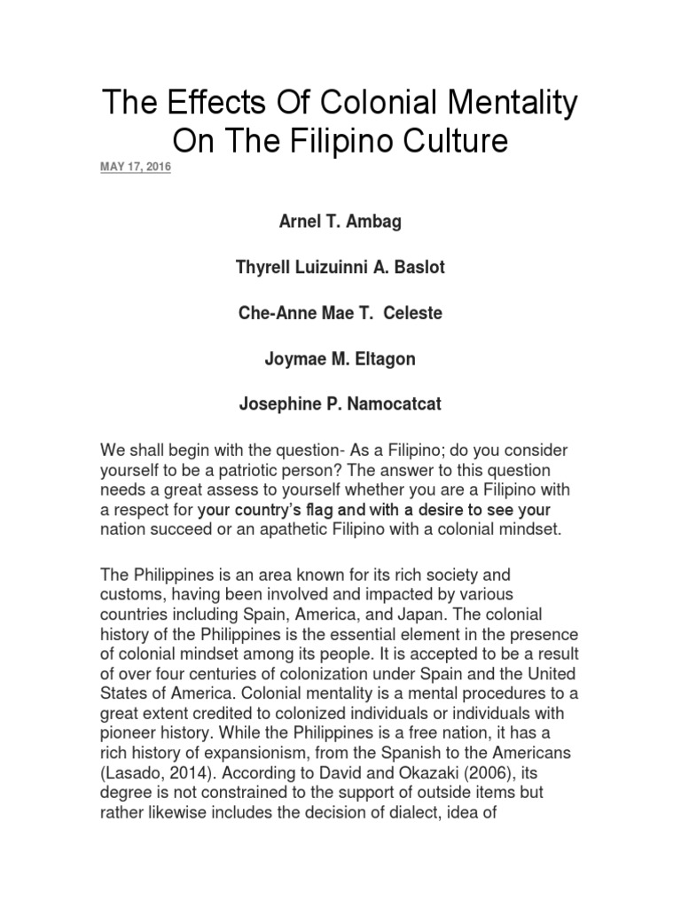 The Effects of Colonial Mentality On The Filipino Culture | Download ...