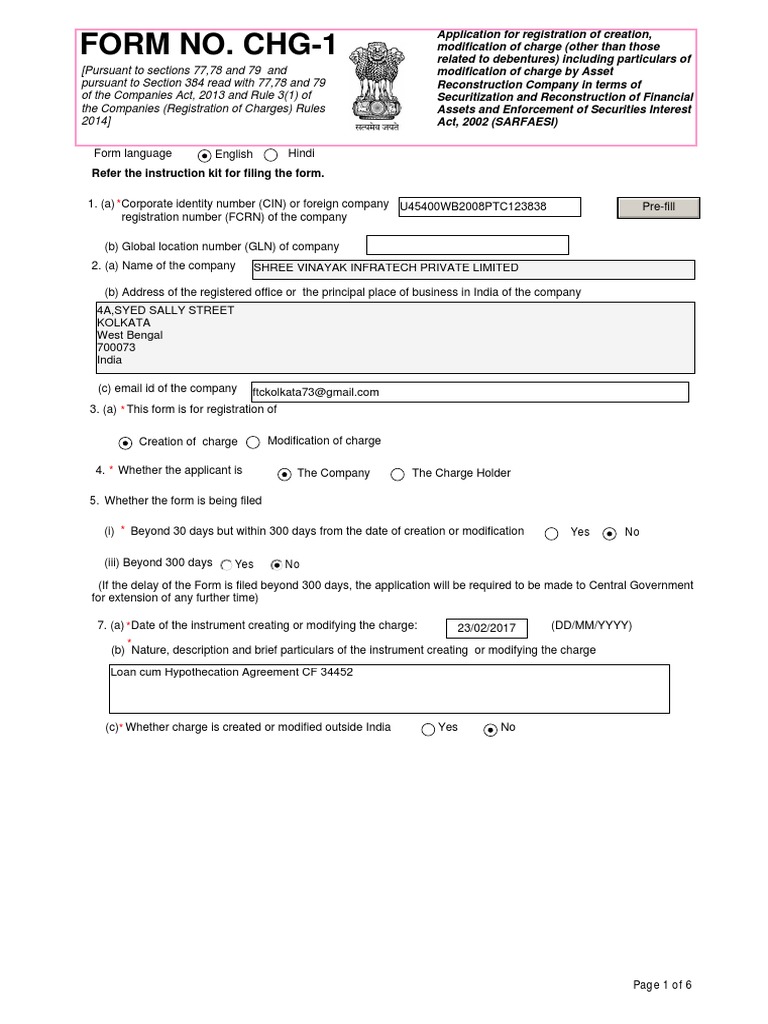 Form CHG-1-16032017 Signe Cfil C | PDF | Rupee | Loans