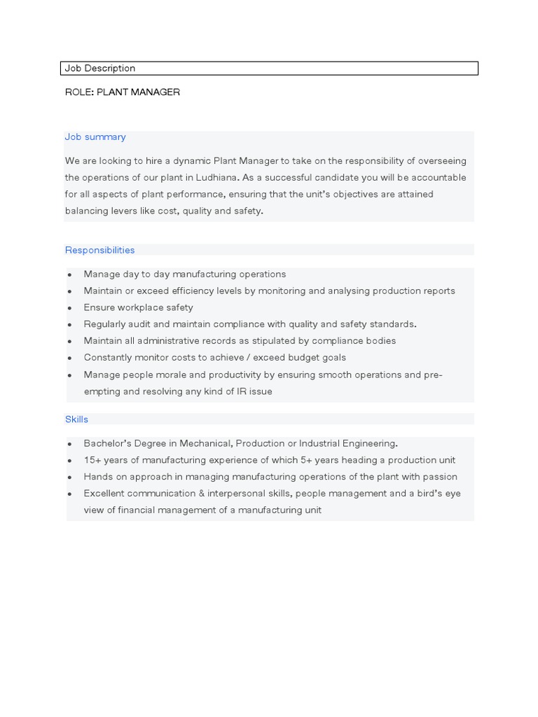 Job Description Plant Manager | PDF