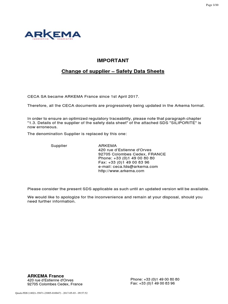 MSDS Siliporite en Arkema PDF | PDF | Toxicity | Firefighting
