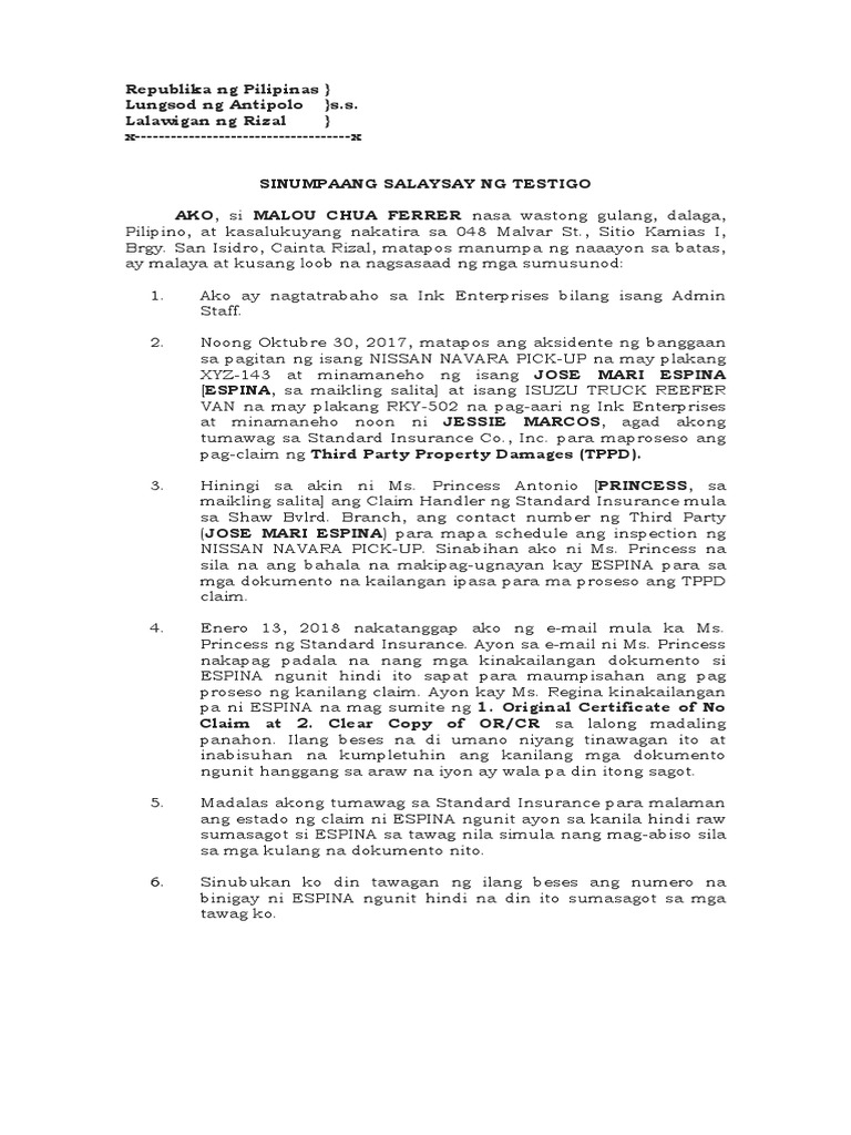 Salaysay Testigo | PDF