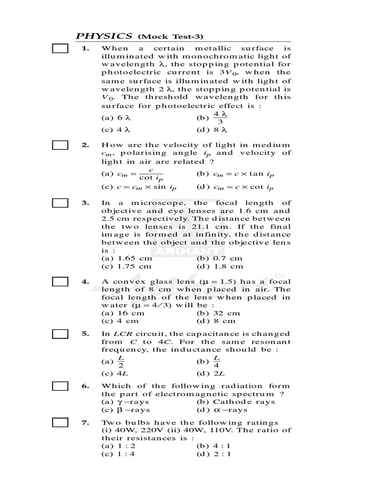 Physics: (Mock Test-3) 1 | Download Free PDF | Lens (Optics) | Gases