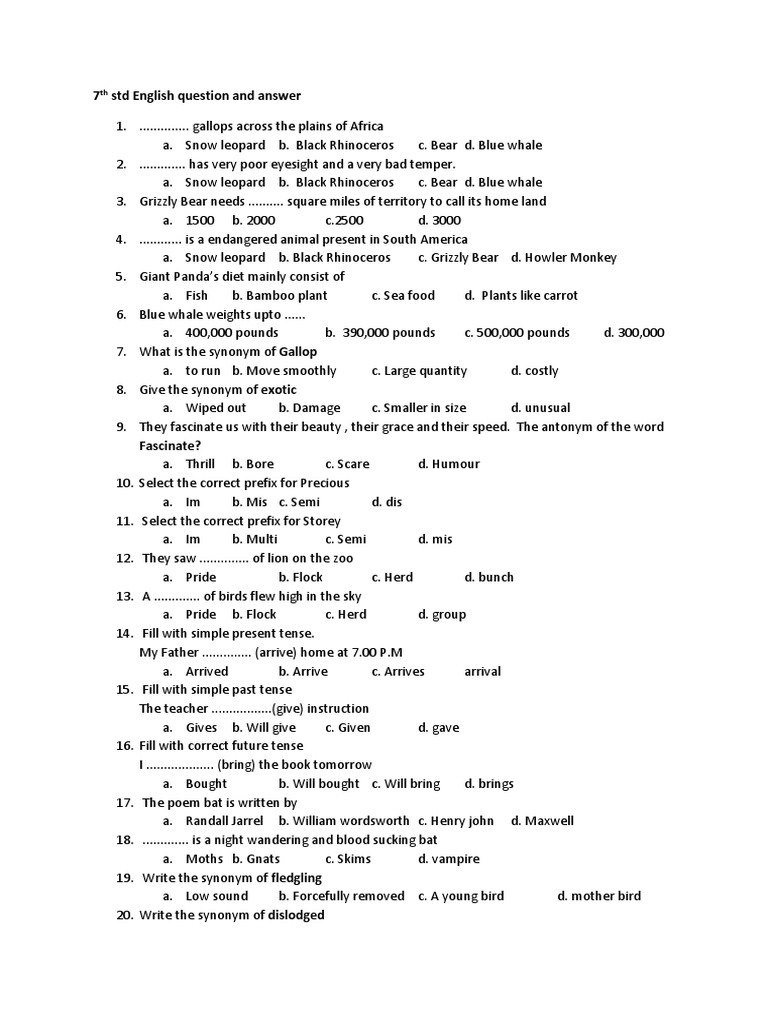 7th STD English Question and Answer | PDF | Art