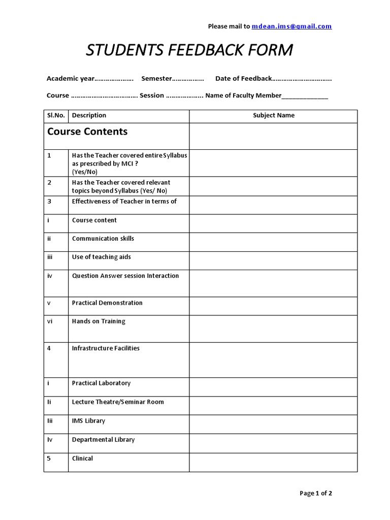 Student Feedback Form Template | PDF