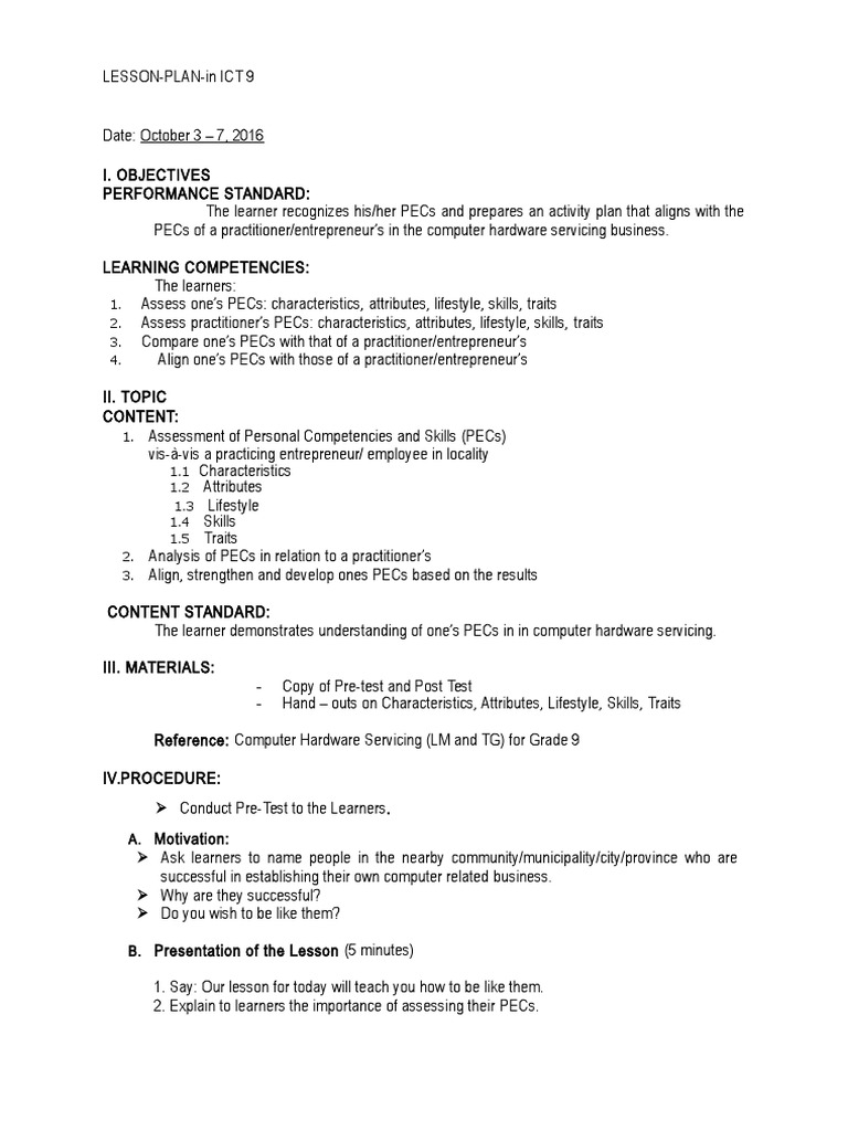 Lesson Plan in Ict 9 q1 w2 | PDF | Entrepreneurship | Education Theory