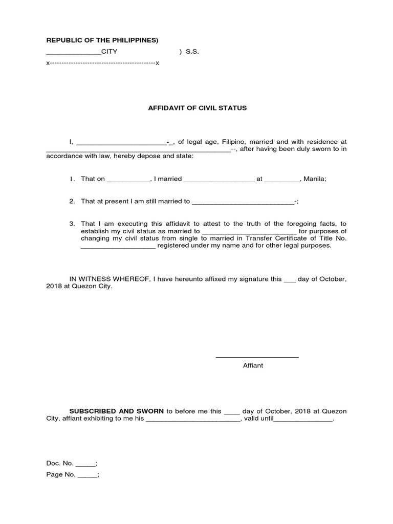 Affidavit of Civil Status: Married | PDF | Law