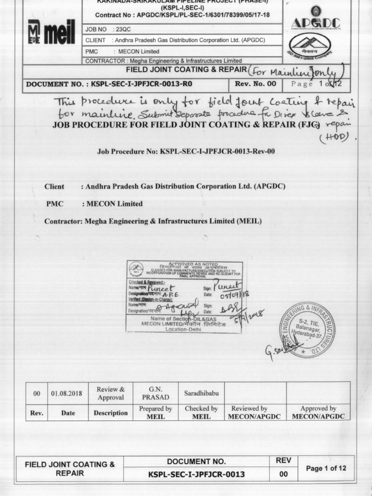Field Joint Coating Procedure for APGDC | PDF | Pipe (Fluid Conveyance ...