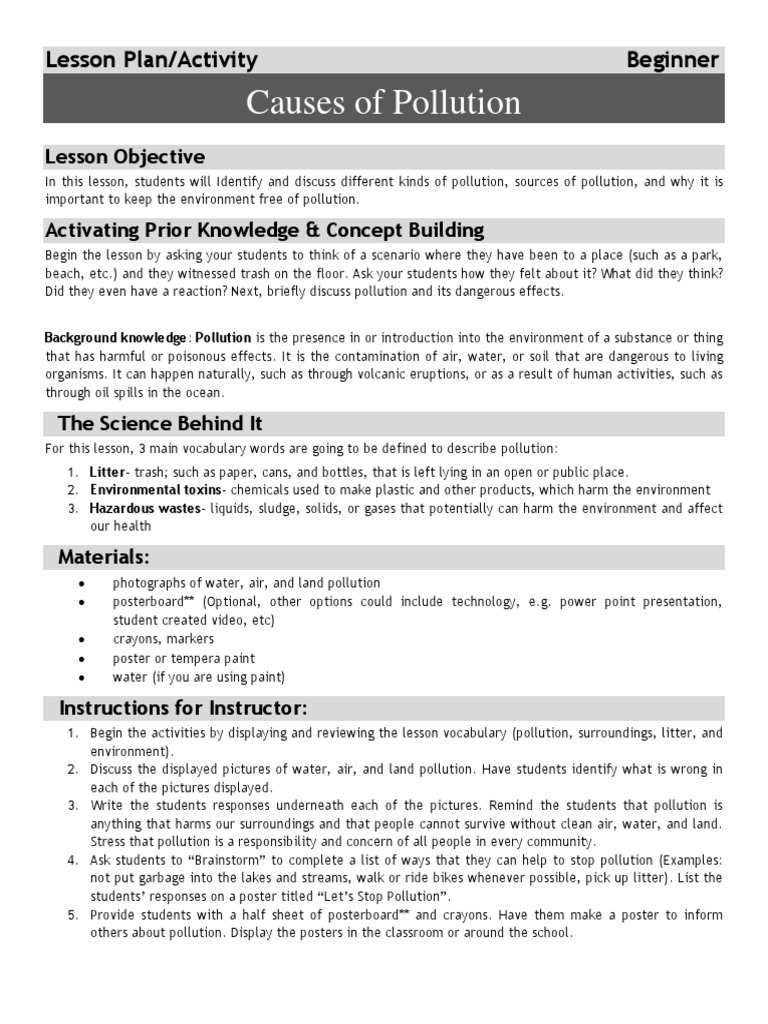 Beginner Lesson: Causes of Pollution | PDF | Pollution | Natural ...