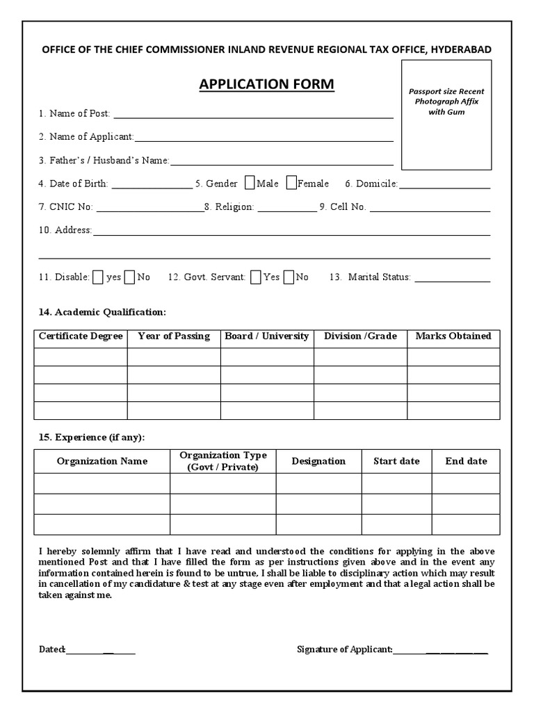 Application Form: Office of The Chief Commissioner Inland Revenue ...