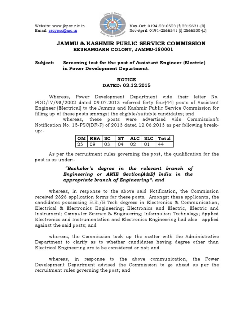 J&K PSC Assistant Engineer Screening Test Notice | PDF | Government ...