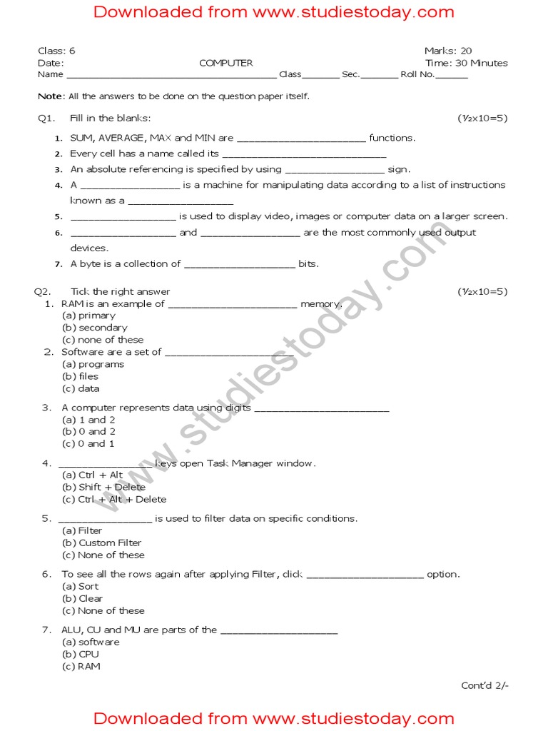 CBSE Class 6 Computer Science Question Paper Set A | PDF | Input/Output ...