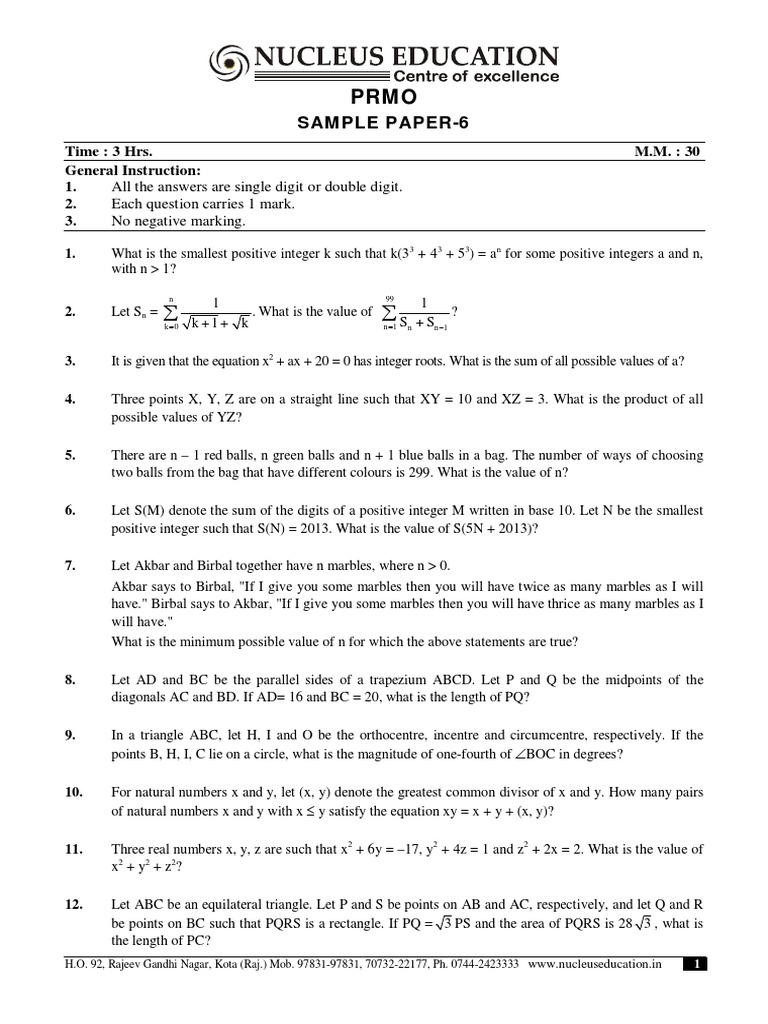 Sample Paper 6 (PRMO) Paper PDF | PDF | Geometric Shapes | Elementary ...