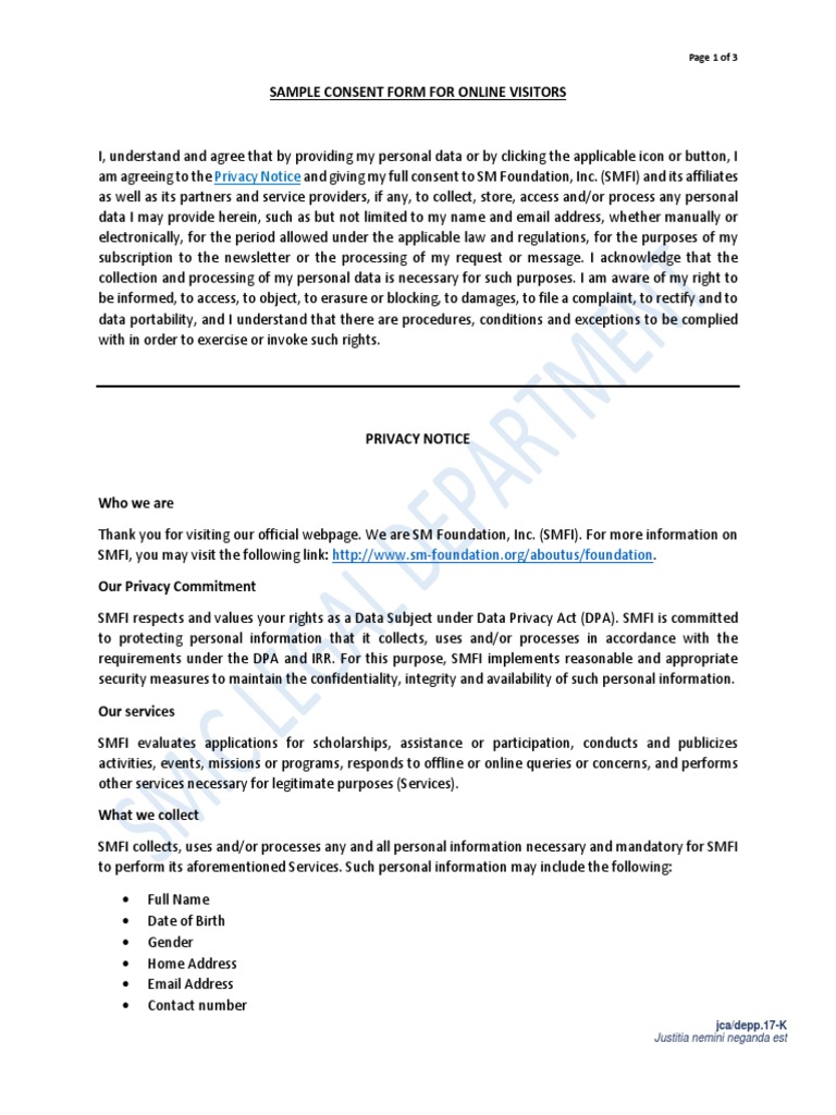 Consent Form and Privacy Notice - Online Visitors | Download Free PDF ...
