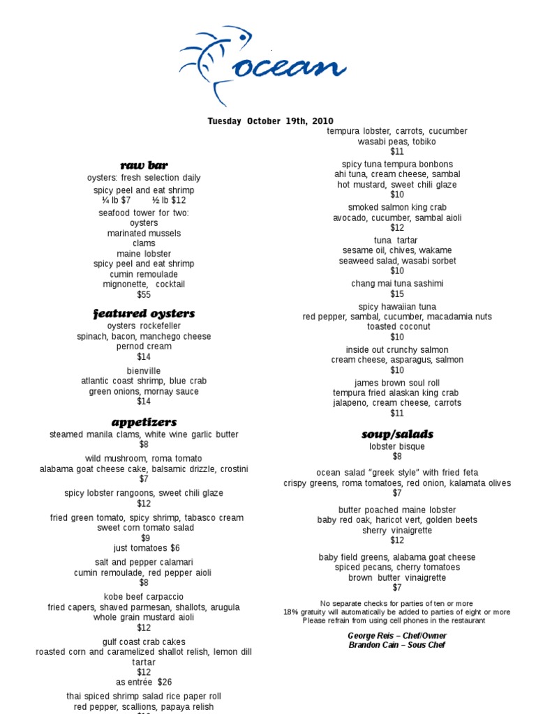 Ocean Dinner Menu | PDF | Salad | Vinaigrette