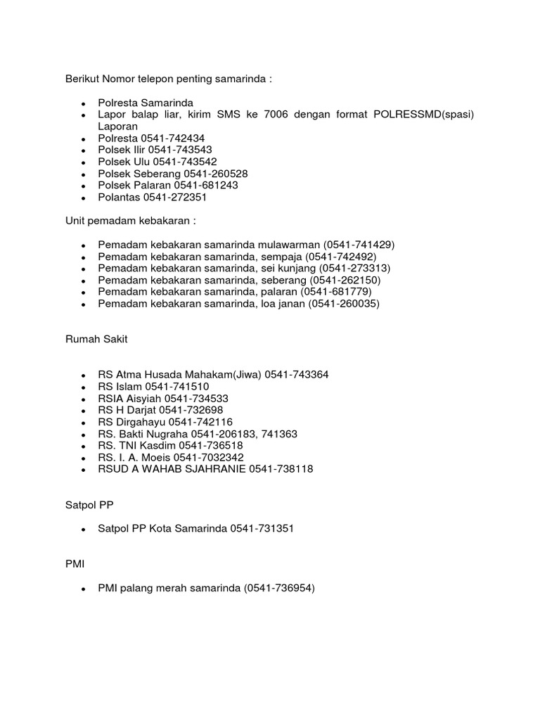 Berikut Nomor Telepon Penting Samarinda | PDF