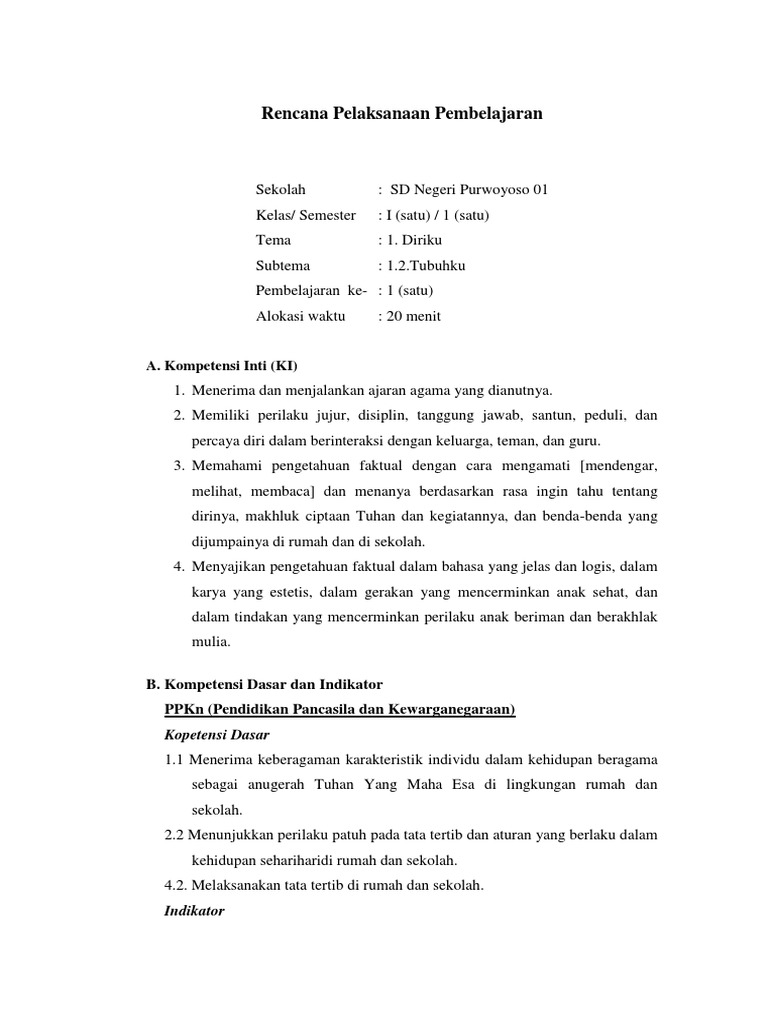 RPP Kelas 1 Tema 1 Subtema 2 Pembelajaran 1 | PDF