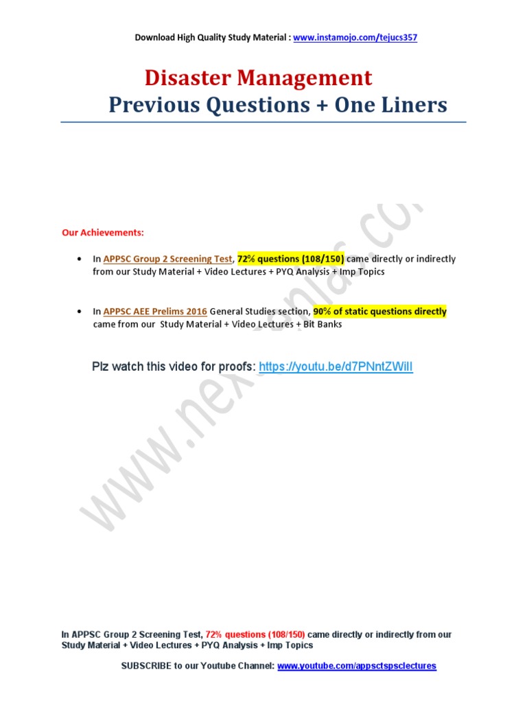 Previous Questions + One Liners: Disaster Management | PDF | Natural ...