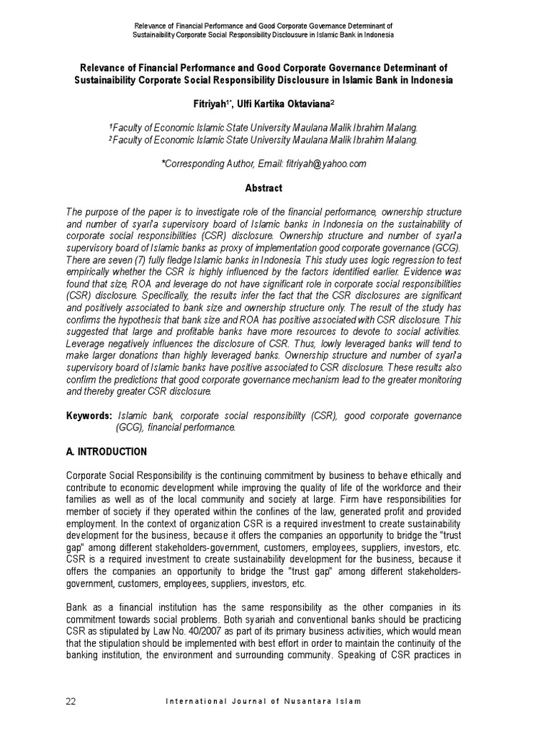 CSR Disclosure in Indonesian Islamic Banks | PDF | Corporate Social ...