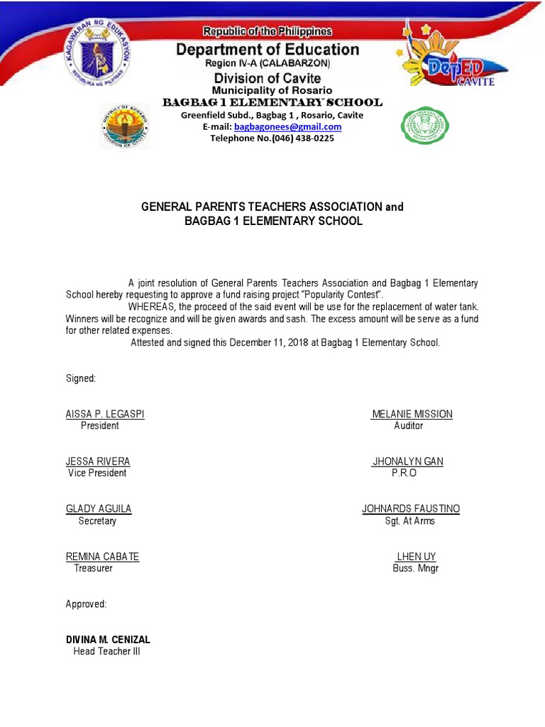 General Parents Teachers Association and Bagbag 1 Elementary School | PDF