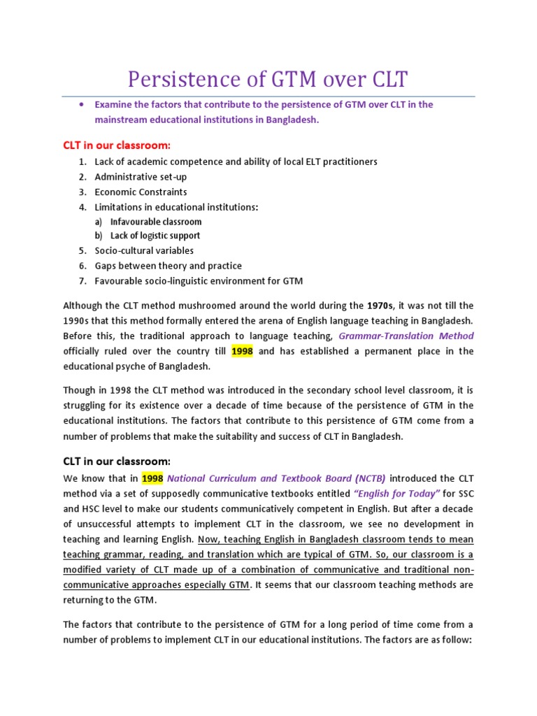 Persistence of GTM Over CLT in Bangladesh | PDF | Teachers | Psychology