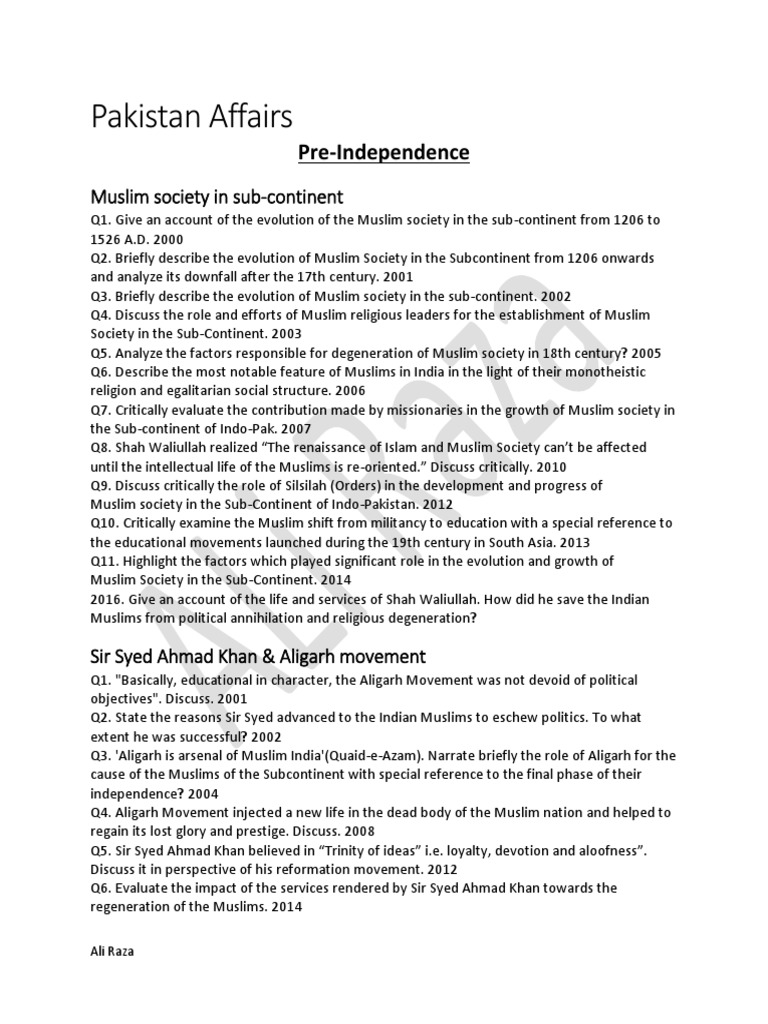 P.A. Topic-Wise Compiled Past Papers | PDF | Two Nation Theory ...