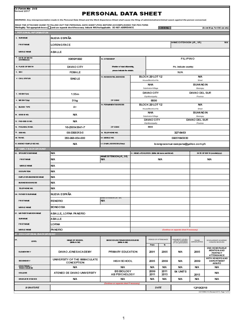 CS Form No. 212 Revised Personal Data Sheet (LONG) | PDF | Passport ...