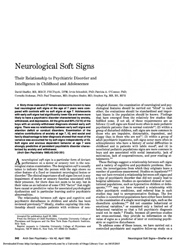Neurological Soft Signs, Their Relationship To Psychiatric Disorder and ...