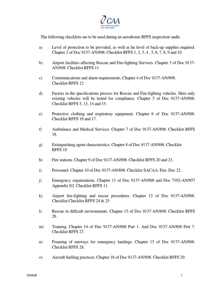 Arffs Inspection Checklist PDF | PDF | Airport | Firefighting