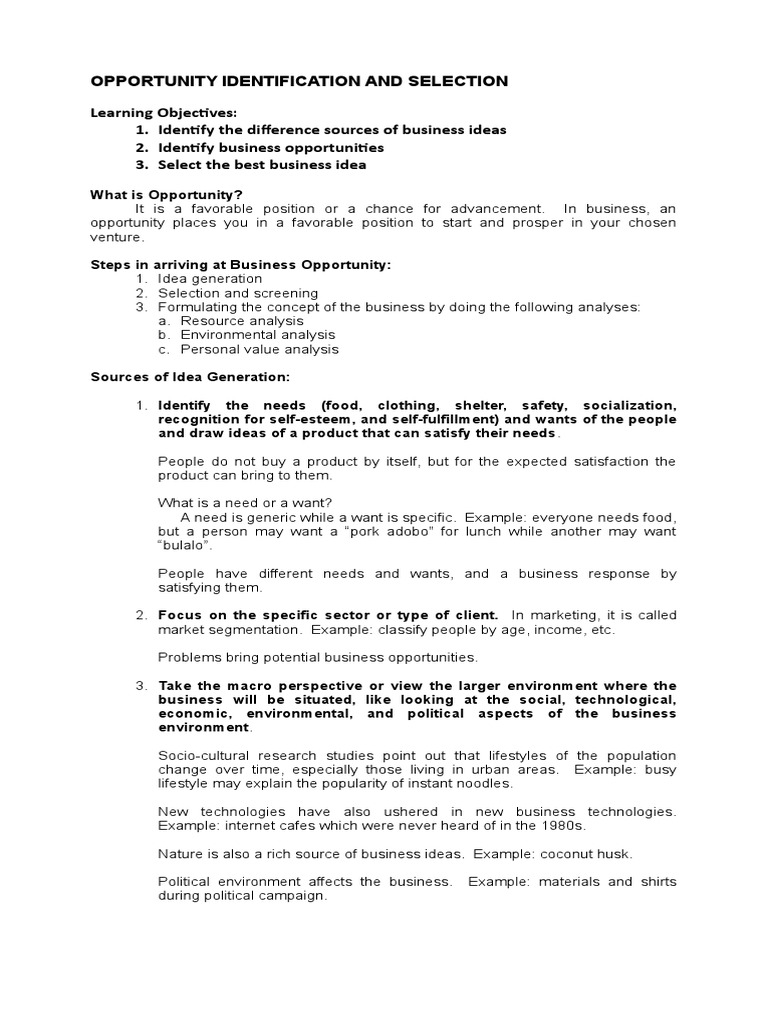 Opportunity Identification & Selection | PDF | Entrepreneurship ...