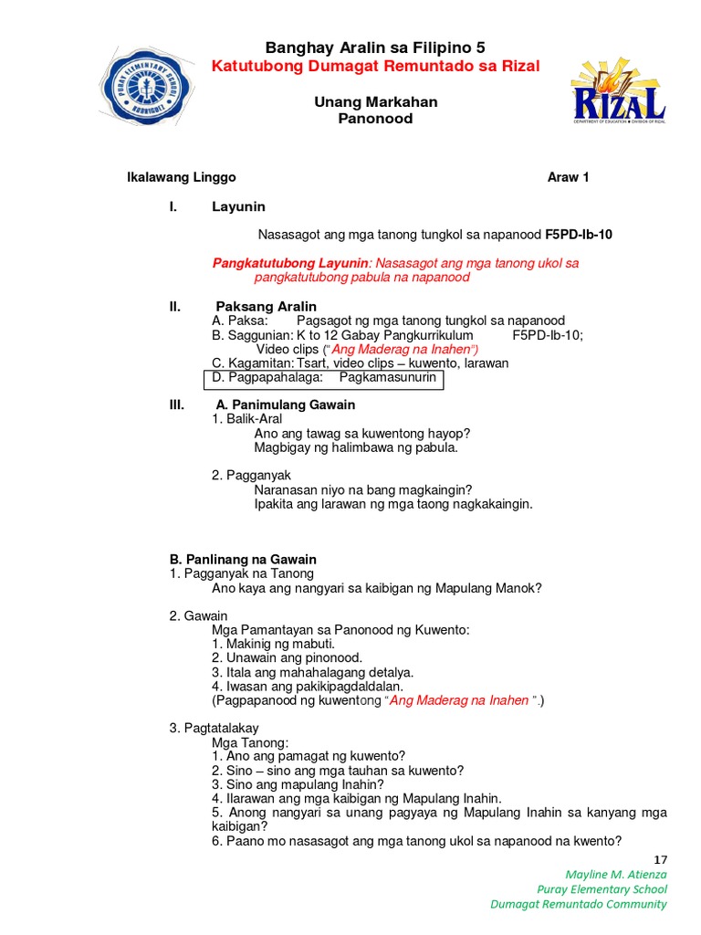 Indigenized (Dumagat) Lesson Plan in Filipino 5 Una Markahan (2nd WK ...